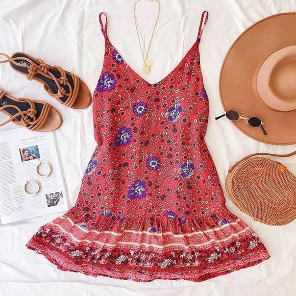 Dresses | Boho Chic Gypsy Floral Print Cami Dress Red | Poshmark